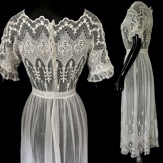 Antique Edwardian Embroidered Lace Net Dress, Raised … - Gem