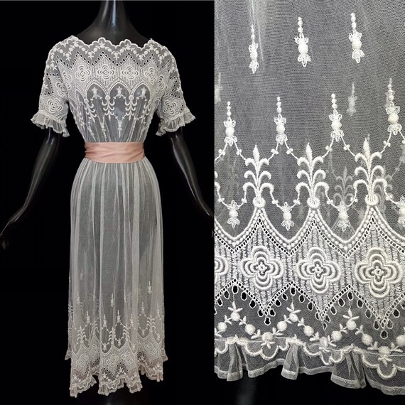 Antique Edwardian Embroidered Lace Net Dress, Raised … - Gem