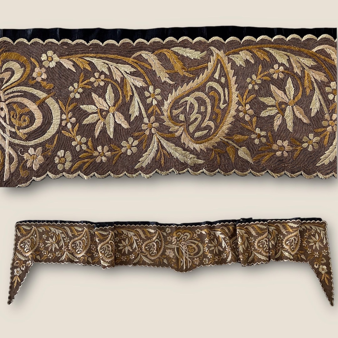 Antique Silk and Gold Metallic Thread Embroidered Pelmet, Valence, Bed ...