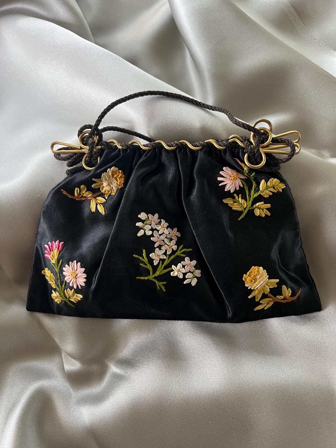 Antique French Silk Purse With Ribbonwork Flowers, French Black Silk ...