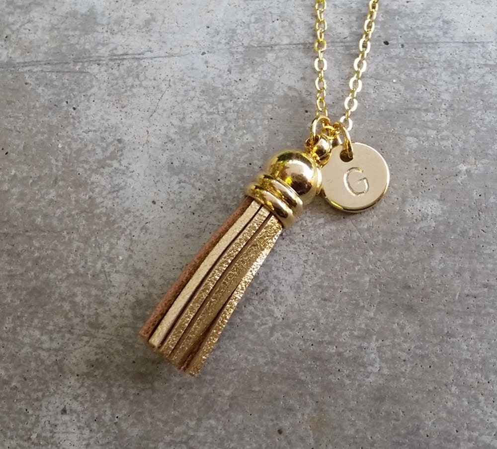 Genuine Leather Small Gold Tassel Necklace hand stamped | Etsy