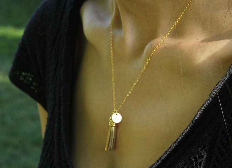 Genuine Leather Small Gold Tassel Necklace, Hand Stamped Initial ...