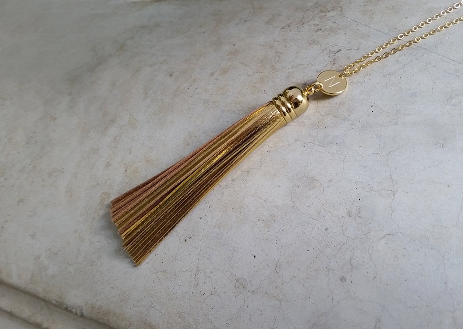 Custom Genuine Leather Long Gold Tassel Necklace Personalized - Etsy