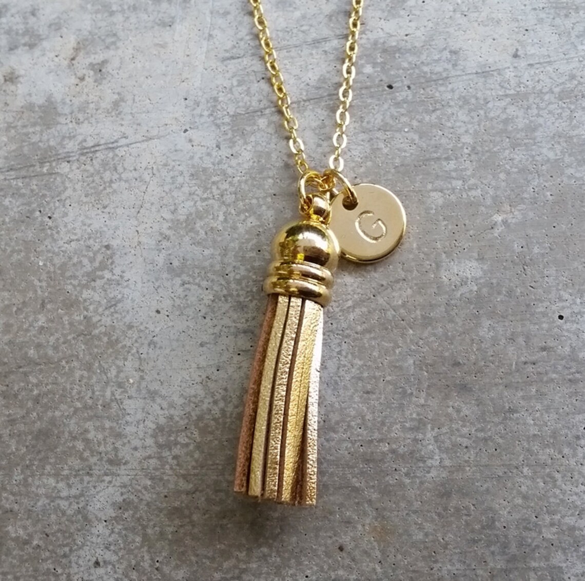 Genuine Leather Small Gold Tassel Necklace, Hand Stamped Initial ...
