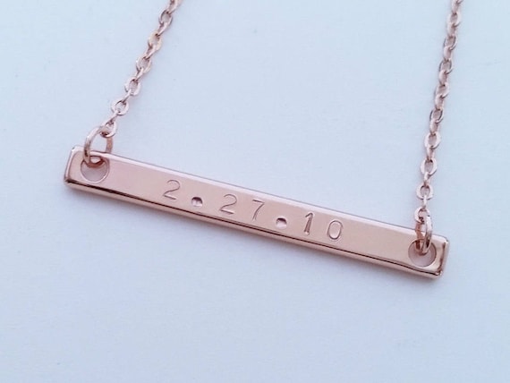Custom Dainty Rose Gold Date Name Bar Necklace Hand Stamped Rose Gold Bar Necklace Personalized Necklace Bridesmaid Gift Family Gift