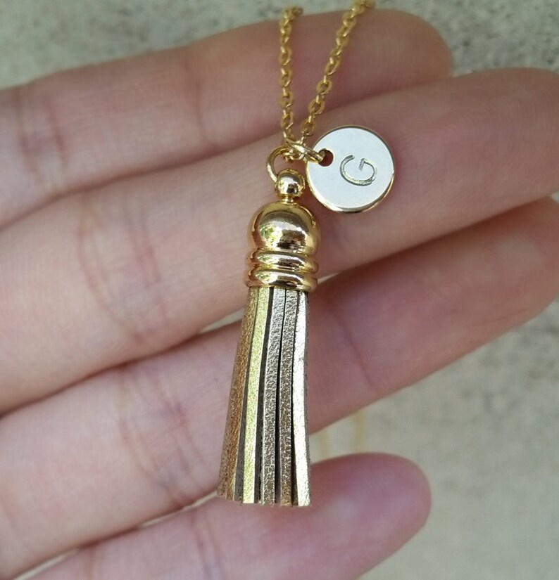 Genuine Leather Small Gold Tassel Necklace hand stamped | Etsy