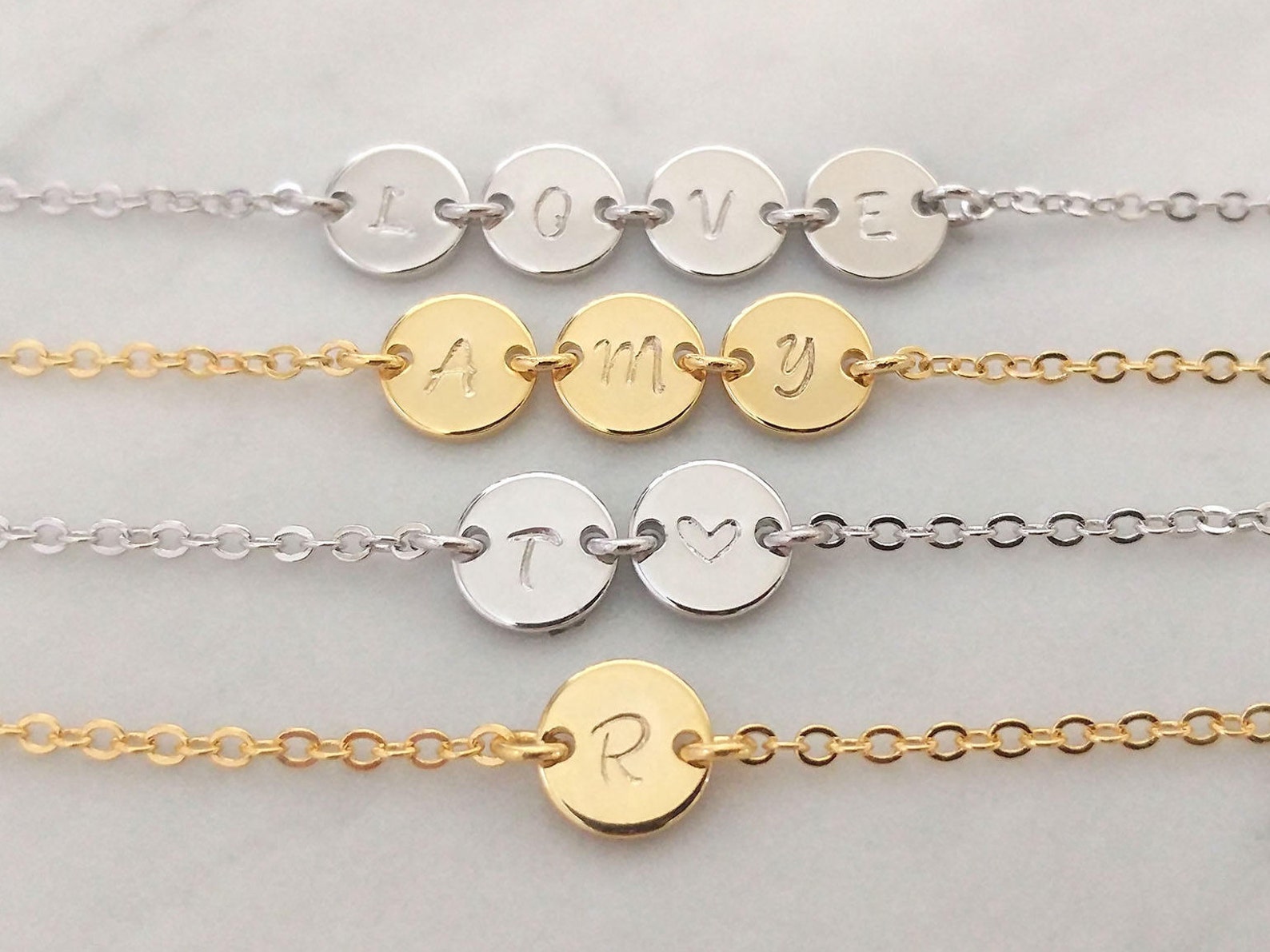 Personalized Gold Silver Initial Charm Bracelet, Custom Initial Disc ...