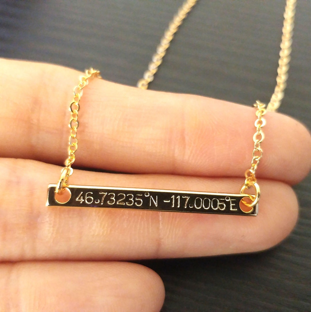 Location GPS Coordinates Necklace, Custom Dainty Hand Stamped Gold ...