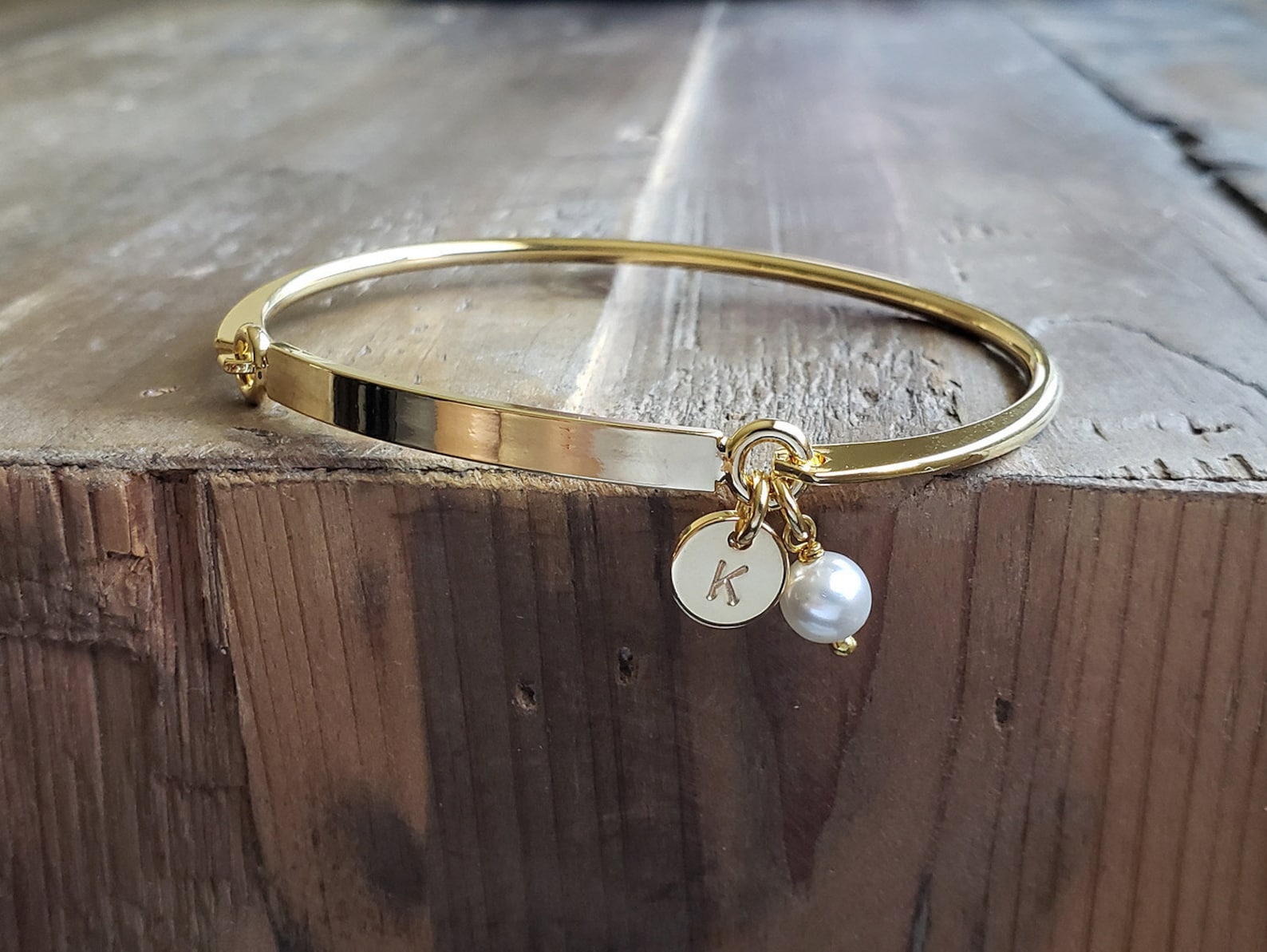 Custom Gold Silver Monogram Bangle Bracelet, Hand Stamped Initial ...
