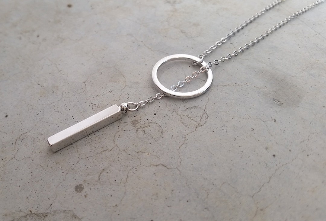 Silver Drop Bar Necklace, Drop Ring Charm Necklace, Silver Lariat ...
