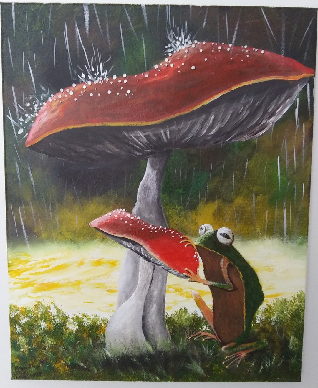 Cute Frog Under a Mushroom in the Rain, Forest Back Ground Painting ...