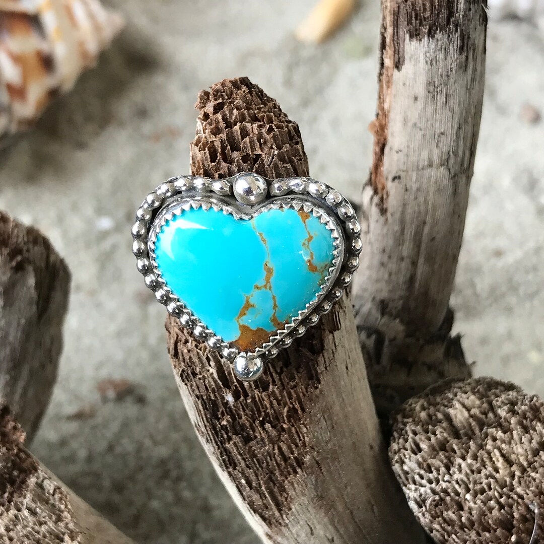 Kingman Turquoise Heart Ring, size 5 1/4 or larger up to 8, sterling ...