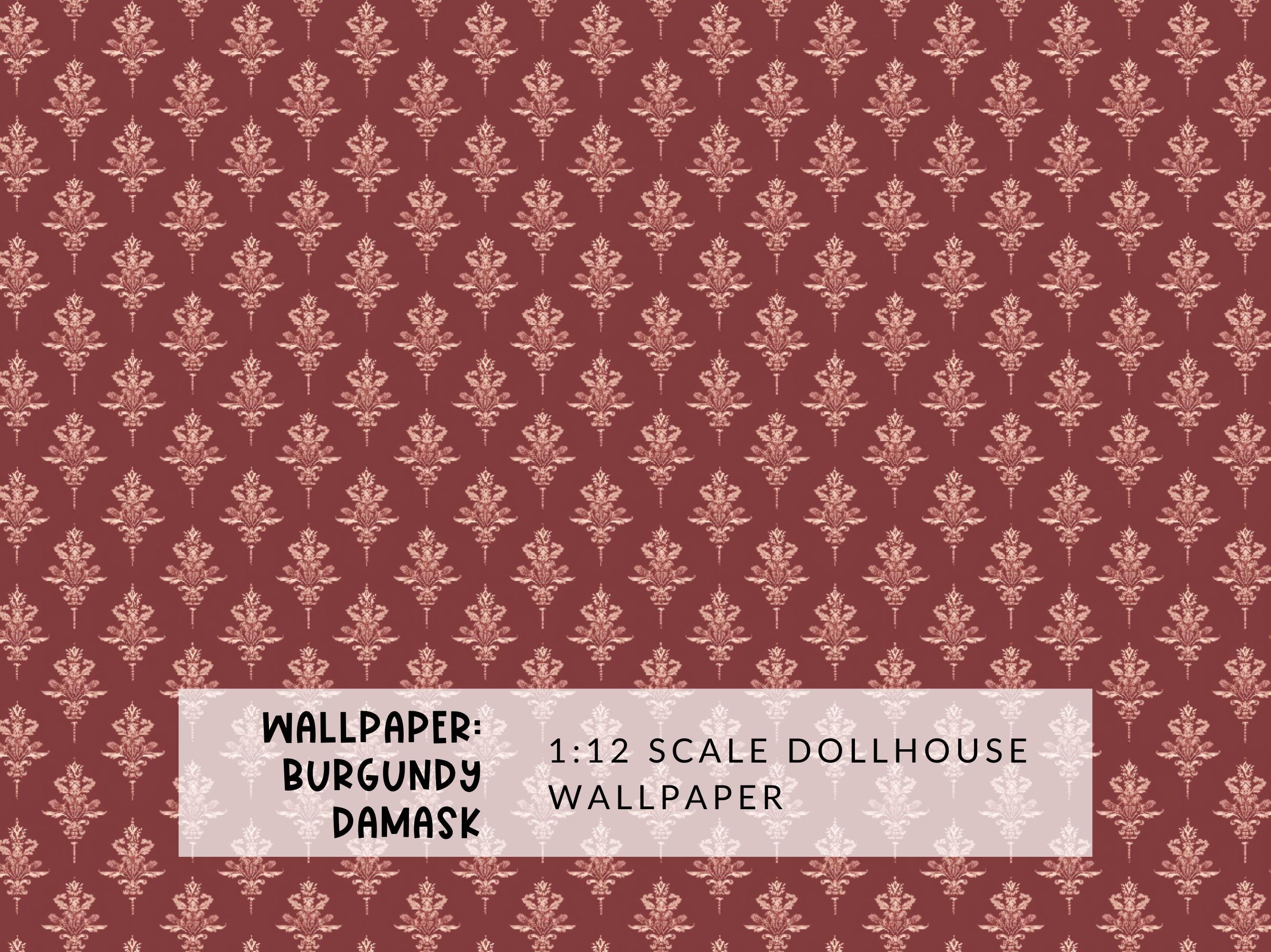 1:12 Scale Wallpaper Burgundy Damask | Miniature Dollhouse | Doll ...