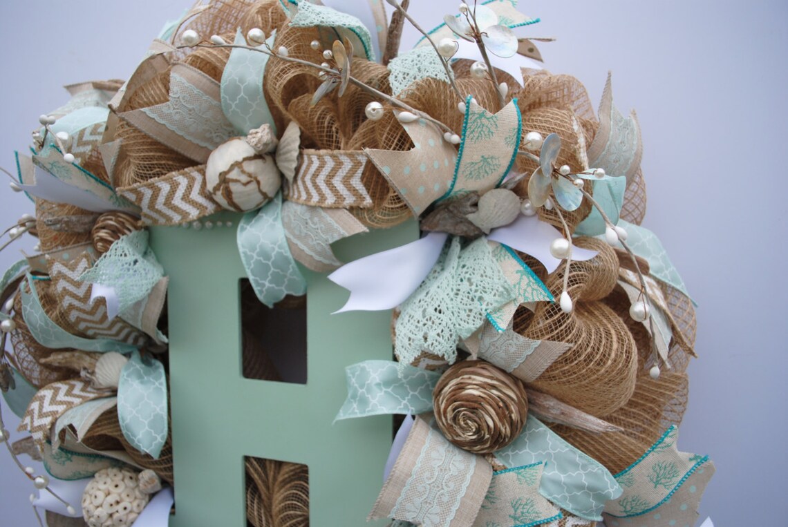 Beach Initial Wreath, Custom Initial Wreath, Everyday Wreath, Summer ...