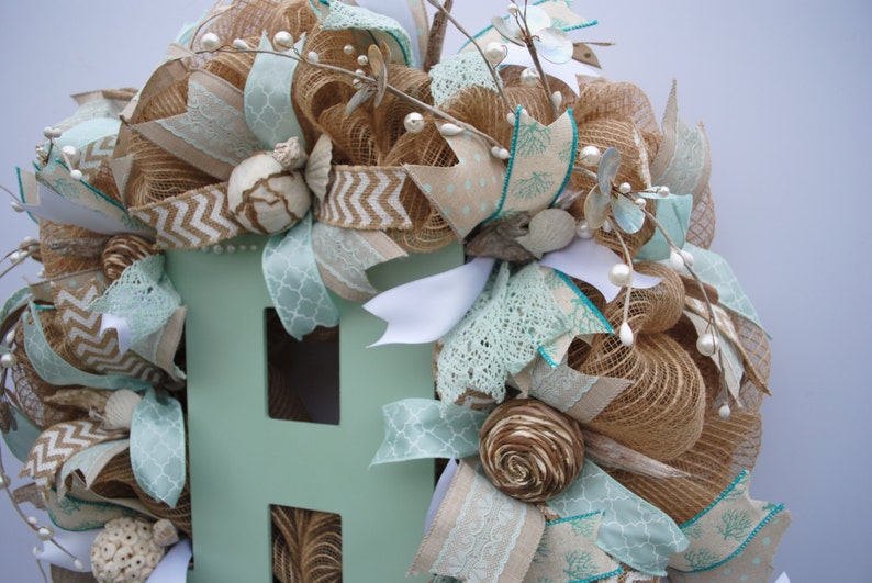 Beach Initial Wreath, Custom Initial Wreath, Everyday Wreath, Summer ...