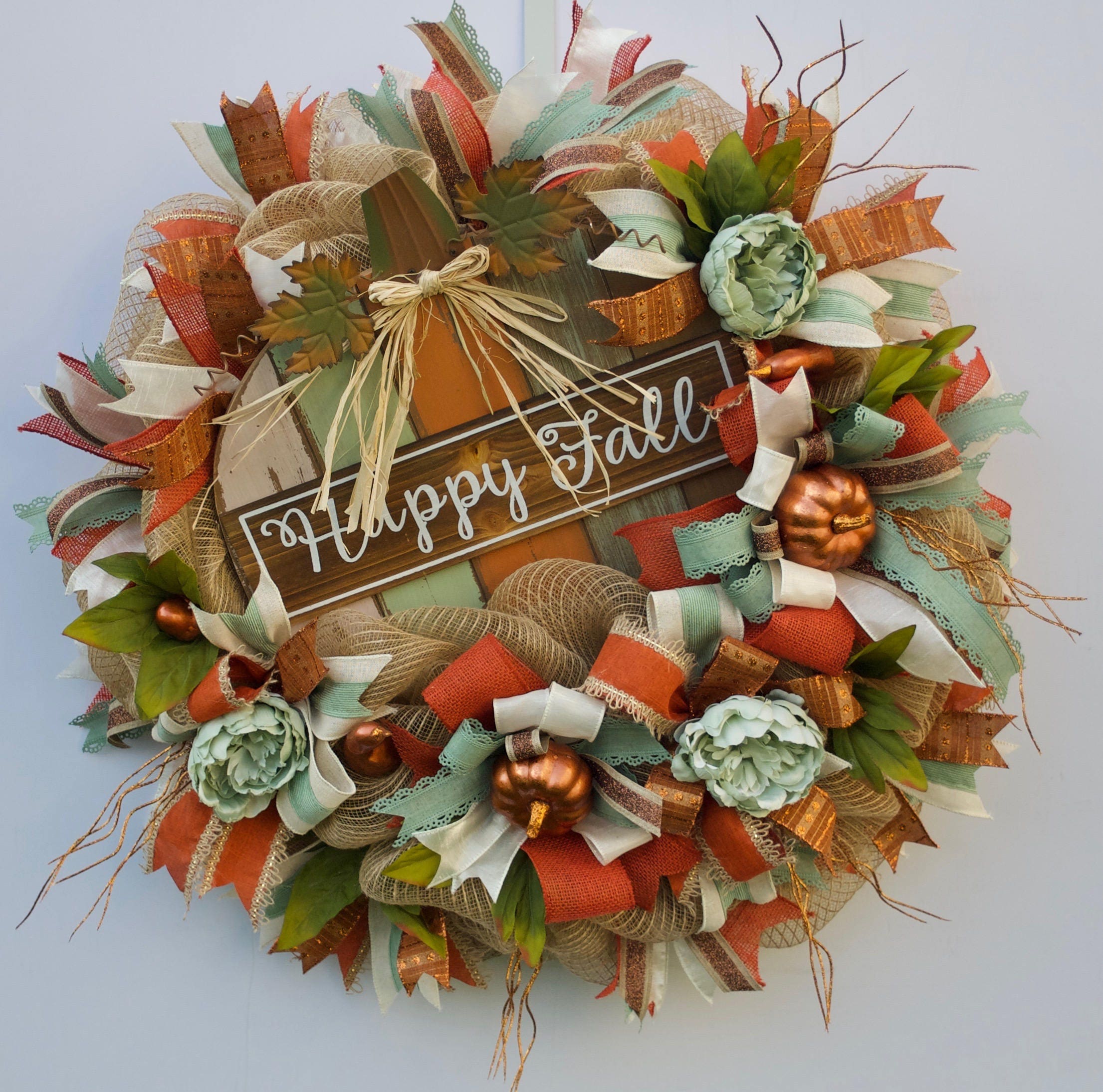 Shabby Chic Fall Wreath, Happy Fall Wreath, Rustic Fall Wreath, Fall ...