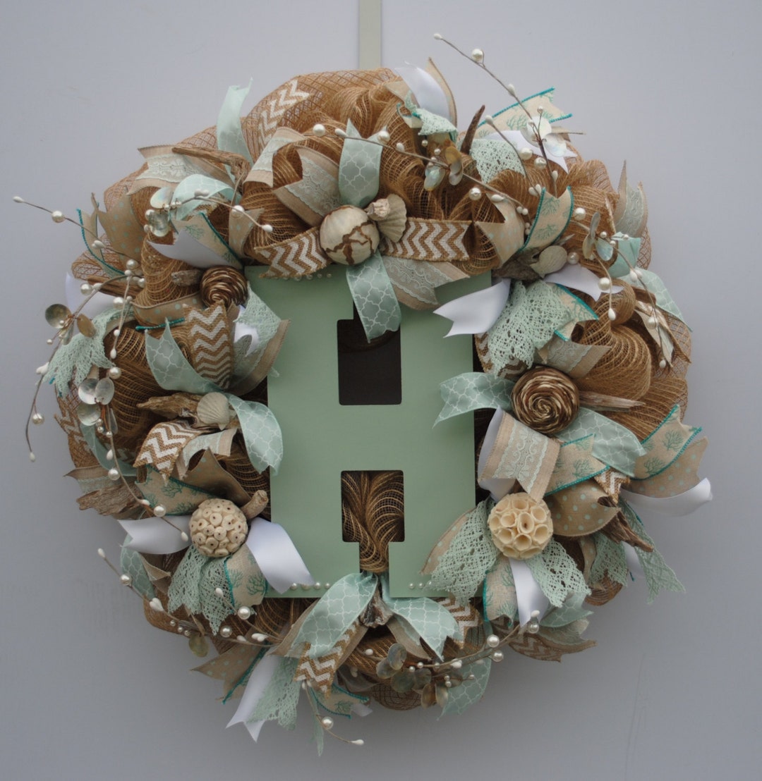 Beach Initial Wreath, Custom Initial Wreath, Everyday Wreath, Summer ...
