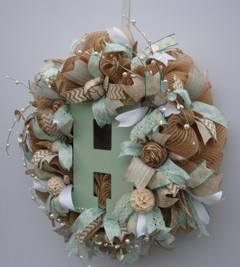 Beach Initial Wreath, Custom Initial Wreath, Everyday Wreath, Summer ...