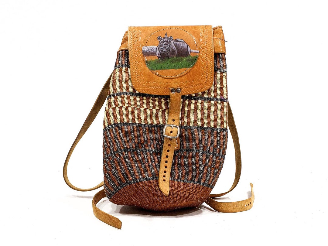 VINTAGE: Woven Sisal and Leather Backpack - Hand Painted Rhino ...