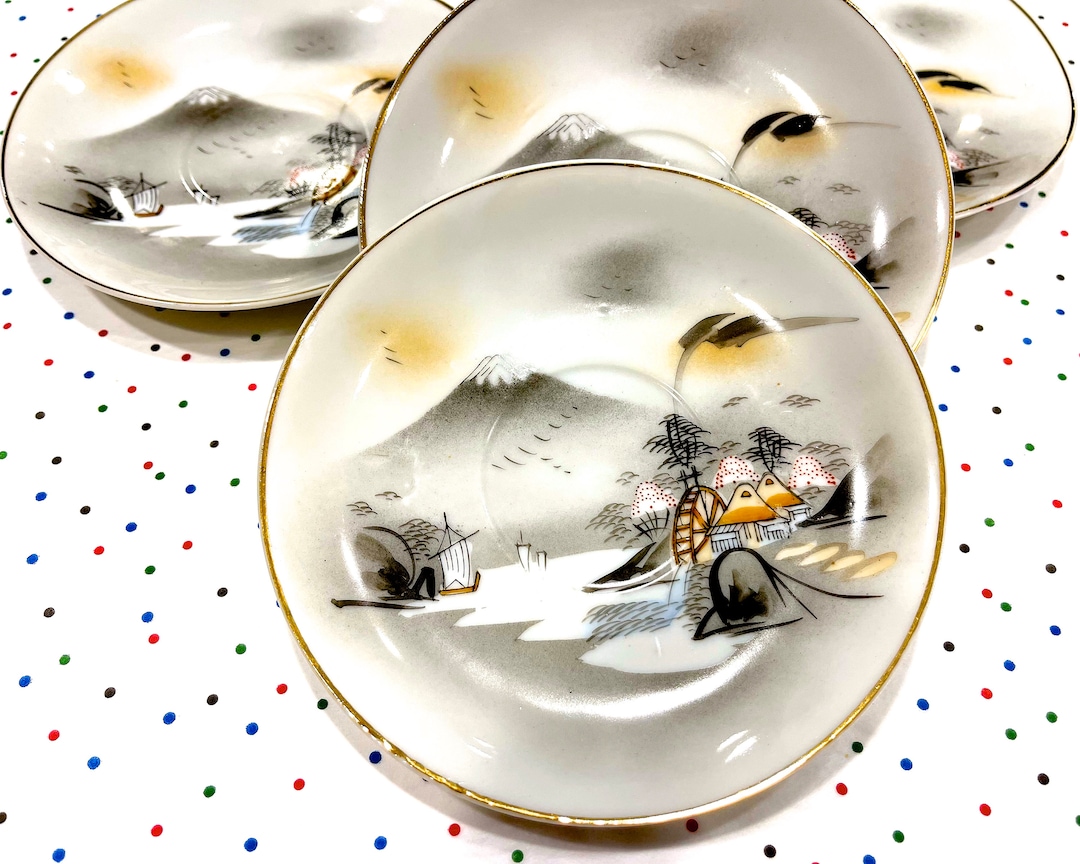 VINTAGE: 4pcs - Hand Painted Mt Fuji Plates - Saucer - Asian Tableware ...