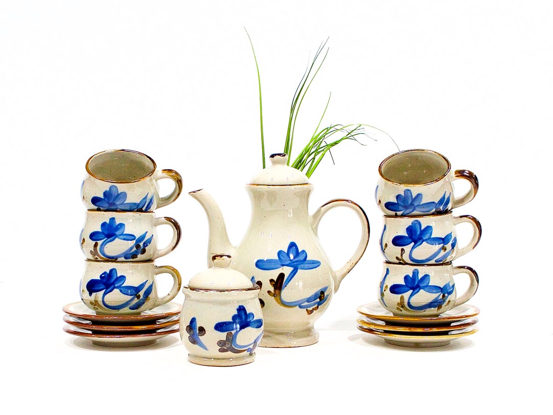 VINTAGE: Hand Painted Ceramic Blue Flower Tea Set - Cups and Saucers ...