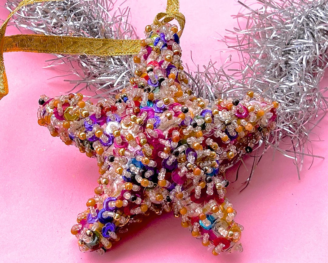 VINTAGE: Glass Beaded Sequin Star Ornament - Handcrafted - Holiday ...