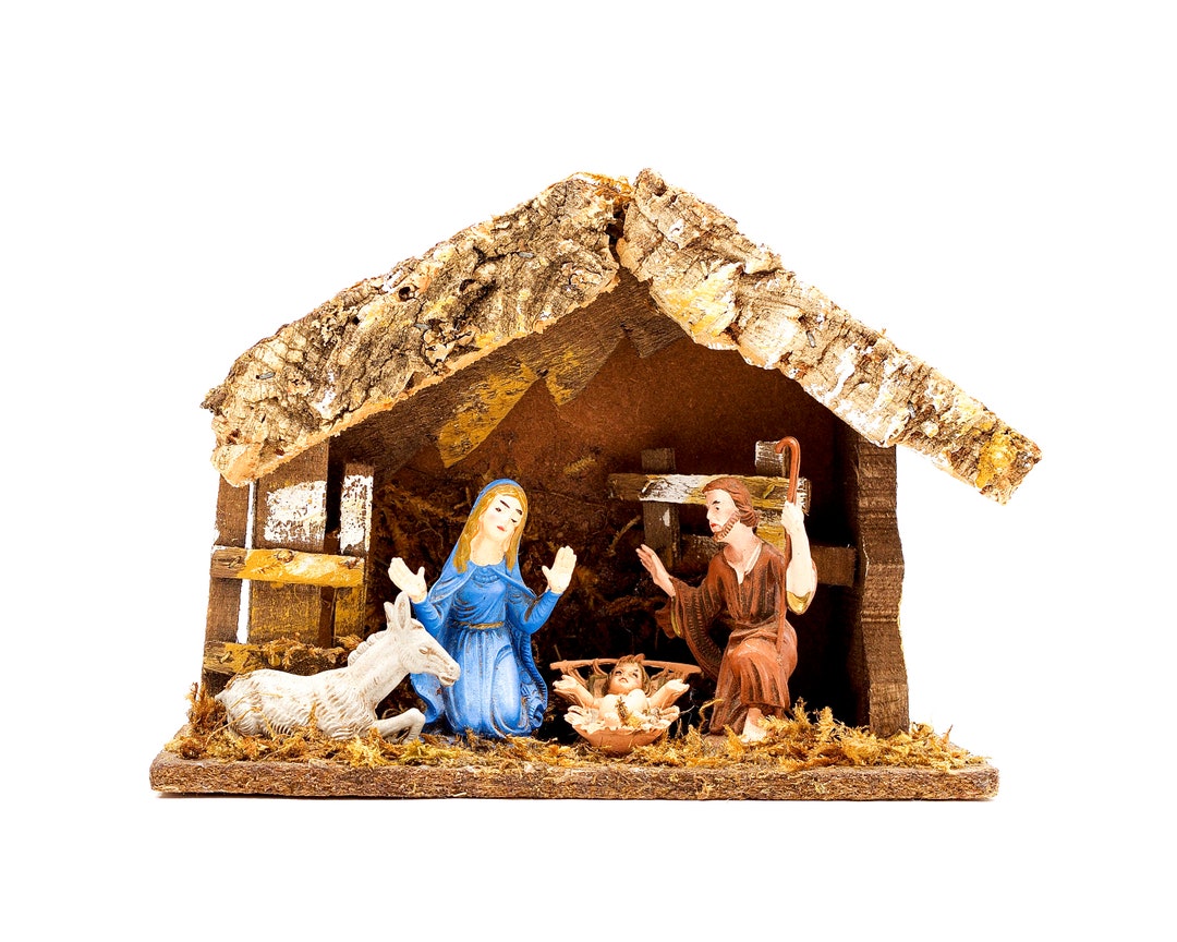 VINTAGE: Manger Nativity - Nativity Set in Wood Barn - Manger - Barn ...