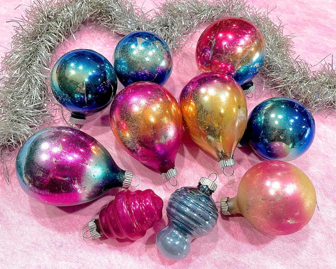 VINTAGE: 10pcs - Shiny Brite Glass Ornaments - Old Distressed Christmas ...