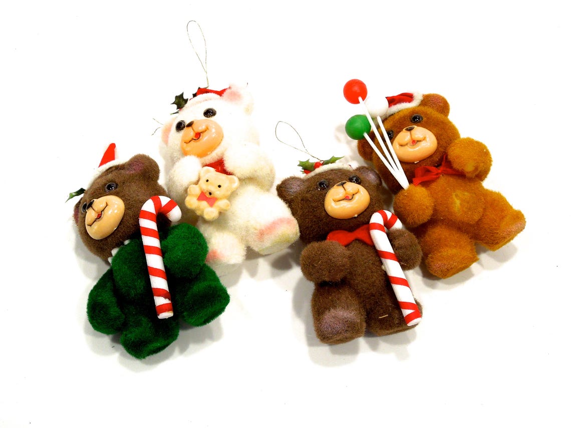VINTAGE: 4 Old Plastic Flocked Bear Ornament Bear Ornament | Etsy