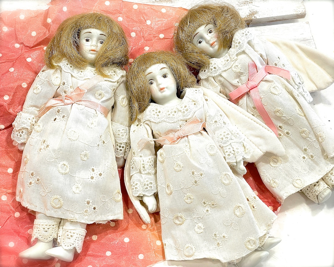 VINTAGE: 3pcs Porcelain Angel Doll Ornaments Fabric Angel Dolls ...