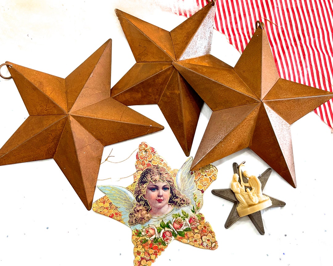 VINTAGE: 5pcs - Mixed Star Christmas Ornaments, Metal Stars, Cardboard ...
