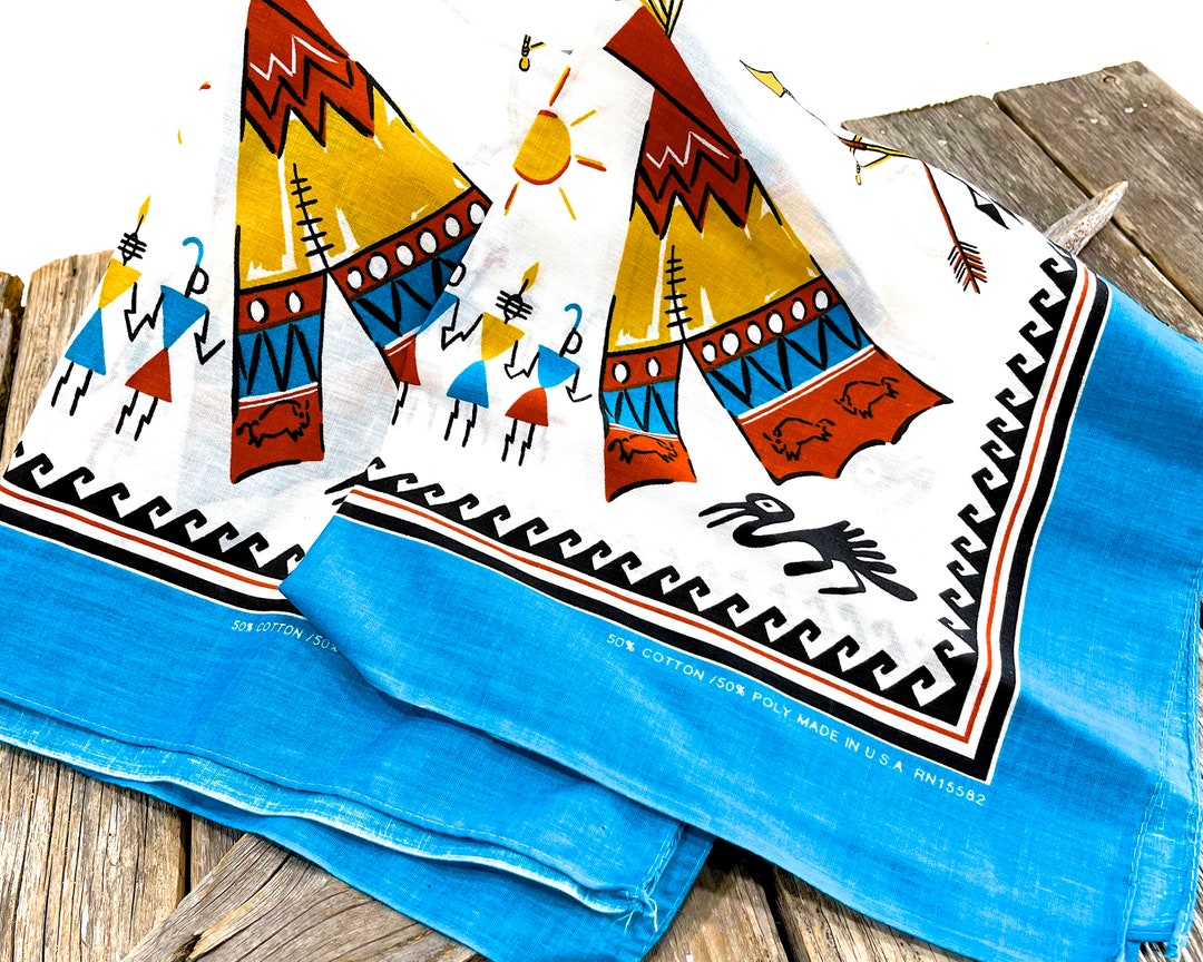 Vintage Native American Tepee Bandanas - Southwest Design, Aqua Trim ...
