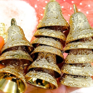 VINTAGE: 18pcs 2 Gold Metallic Plastic Bells Small Ornaments Holiday ...