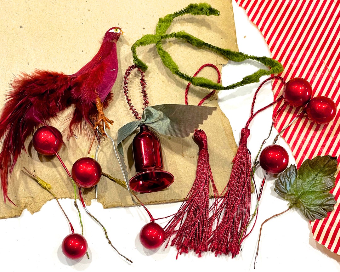 VINTAGE: Red Burgundy Christmas Craft Finds Feather Bird, Glass Bell ...