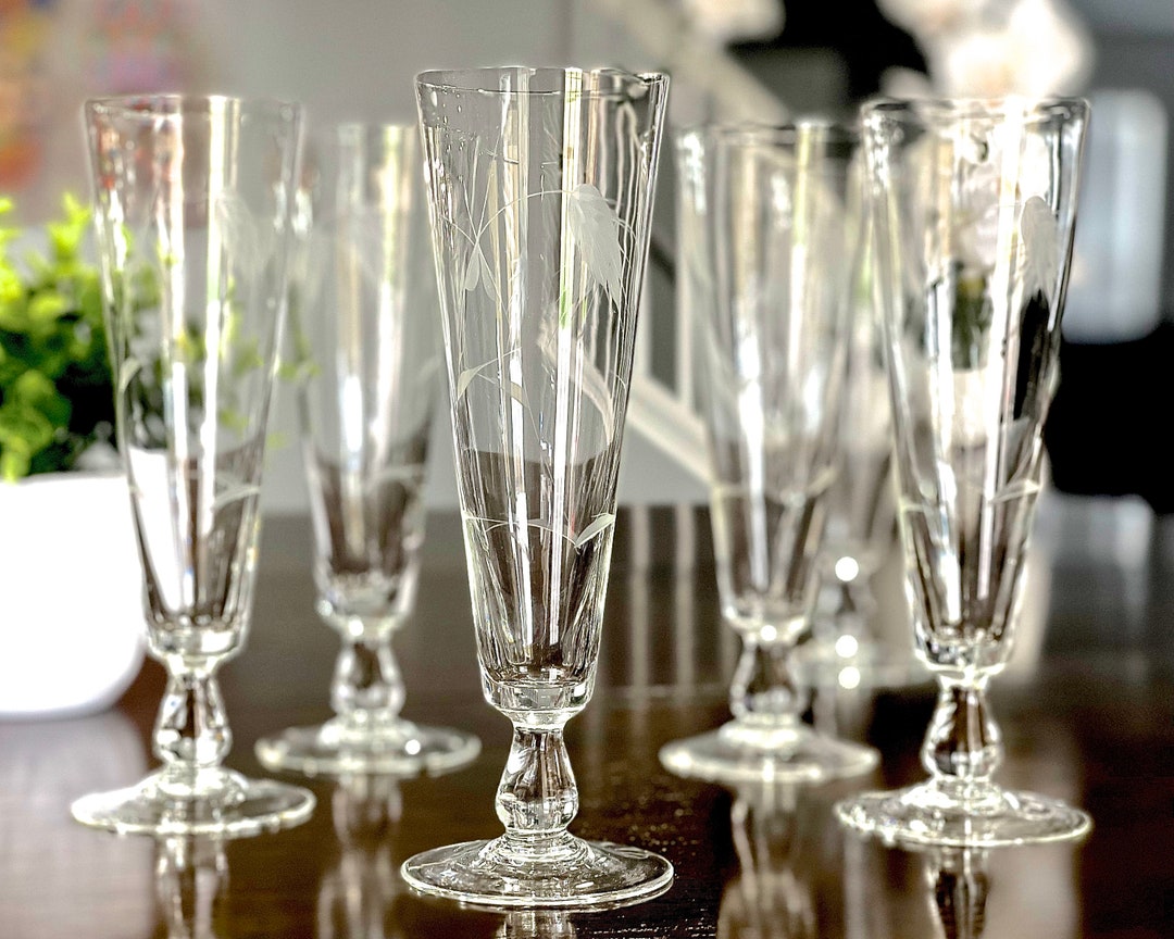 VINTAGE: 6pcs Etched Wheat Pattern Crystal Pilsner Smooth Stem Glasses ...