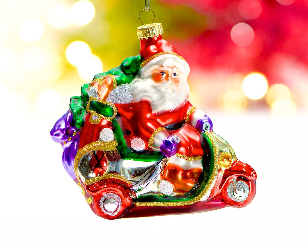 VINTAGE: Large Glass Santa on Motorcycle Ornament - Blown Figural Glass ...
