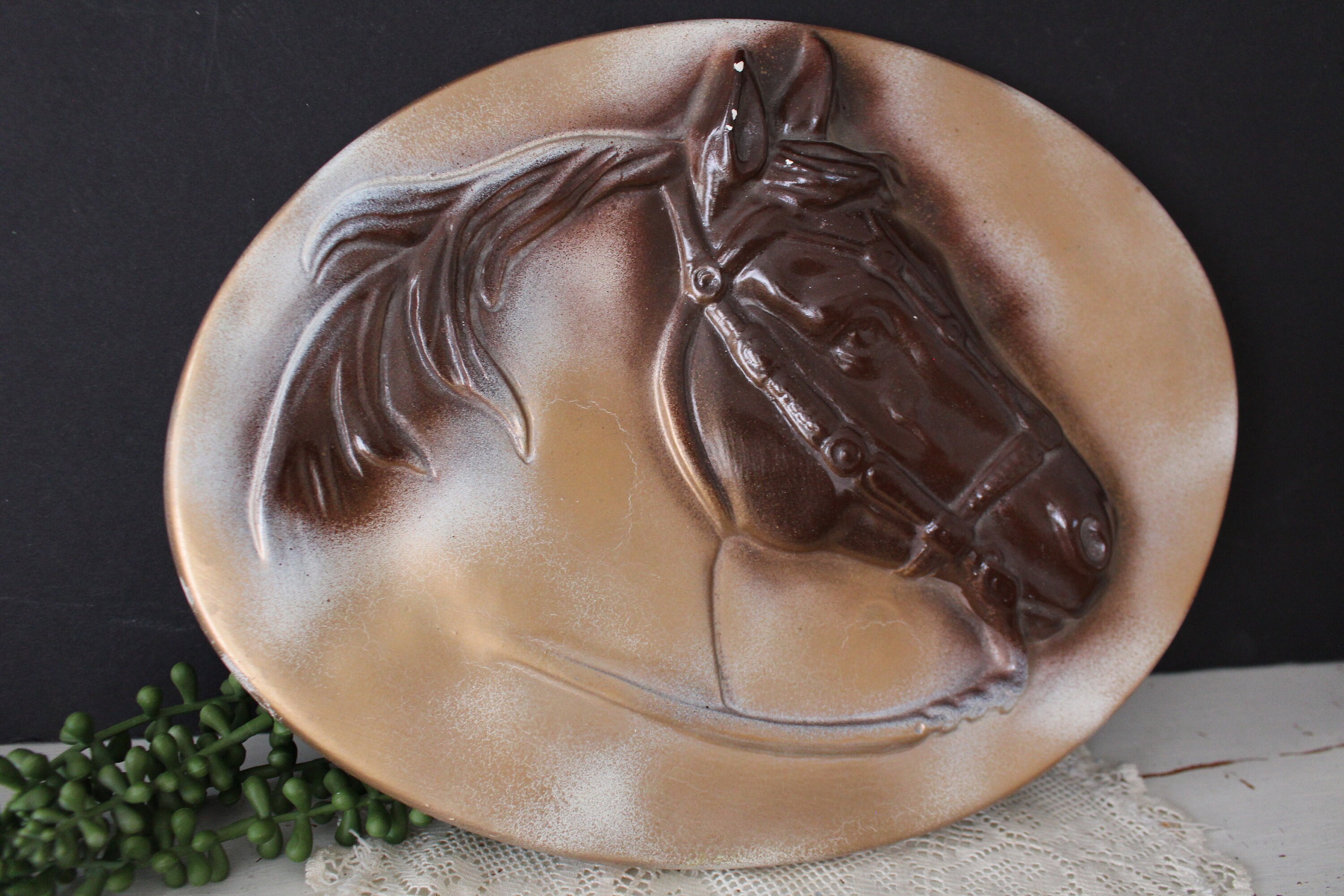 Vintage Chalkware Horse Plaque - Oval Chalk Horse Wall Decor - Gold ...