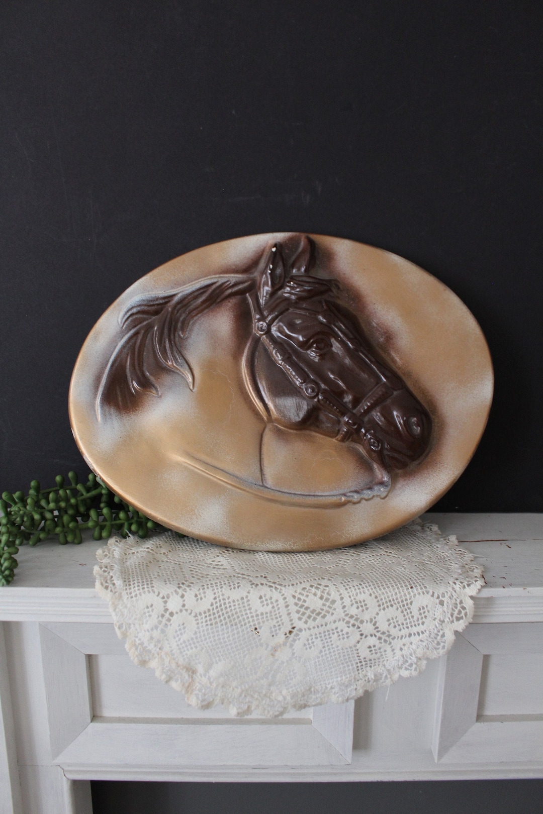 Vintage Chalkware Horse Plaque - Oval Chalk Horse Wall Decor - Gold ...