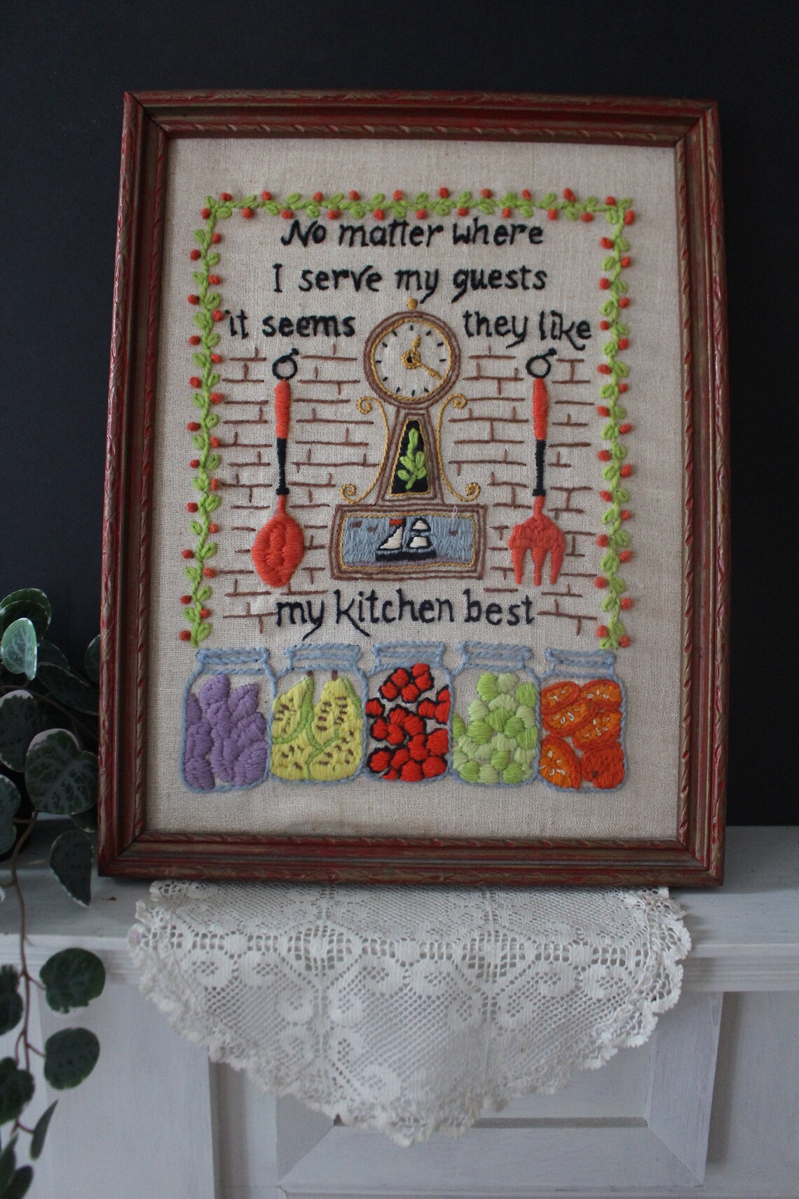 Vintage Crewel Embroidered Art Work - Colorful Kitchen Clock & Jars of ...