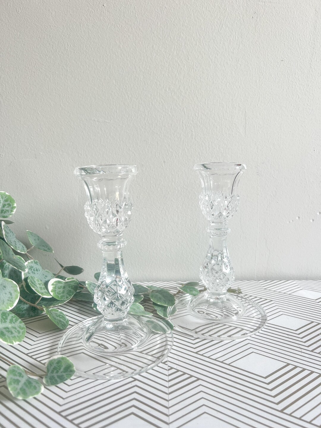 Clear Crystal Glass Candlestick Holders | Set of 2 | Gorgeous Diamond ...