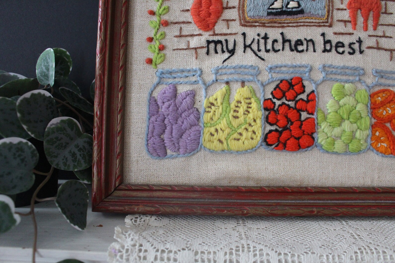 Vintage Crewel Embroidered Art Work - Colorful Kitchen Clock & Jars of ...