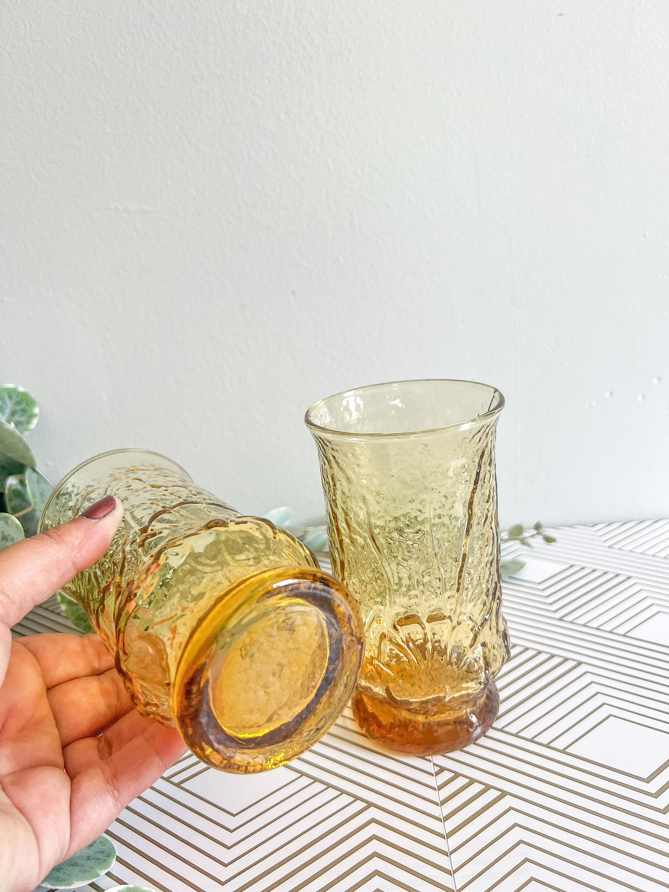 Vintage Amber Glass Drinking Glasses | Set of 2 | Retro Flower Embossed ...