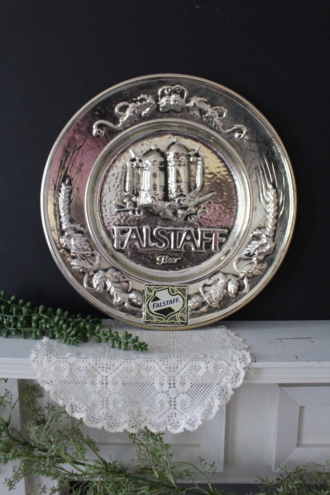 Vintage Aluminum Falstaff Beer Brewing Plaque - Gold Round Falstaff ...