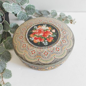 Vintage Floral Tin | Large Round Colorful Mosaic Flower Candy Tin ...
