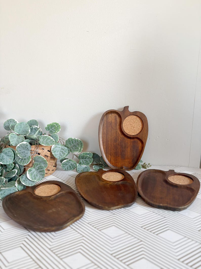 Vintage Wooden & Cork Apple Plates / Coasters | Set of 4 | Fruit ...