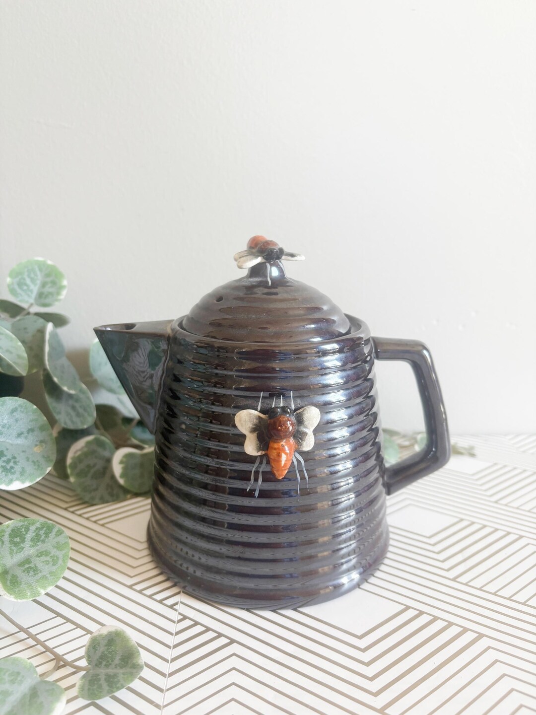 Vintage Brown Bee Teapot | Honeycomb Insect Handled Lidded Bumblebee ...