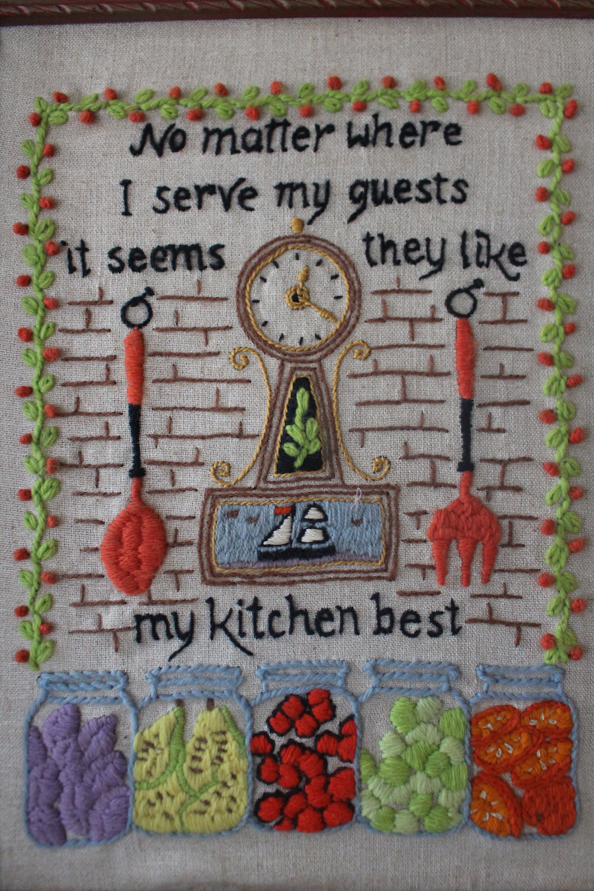 Vintage Crewel Embroidered Art Work - Colorful Kitchen Clock & Jars of ...