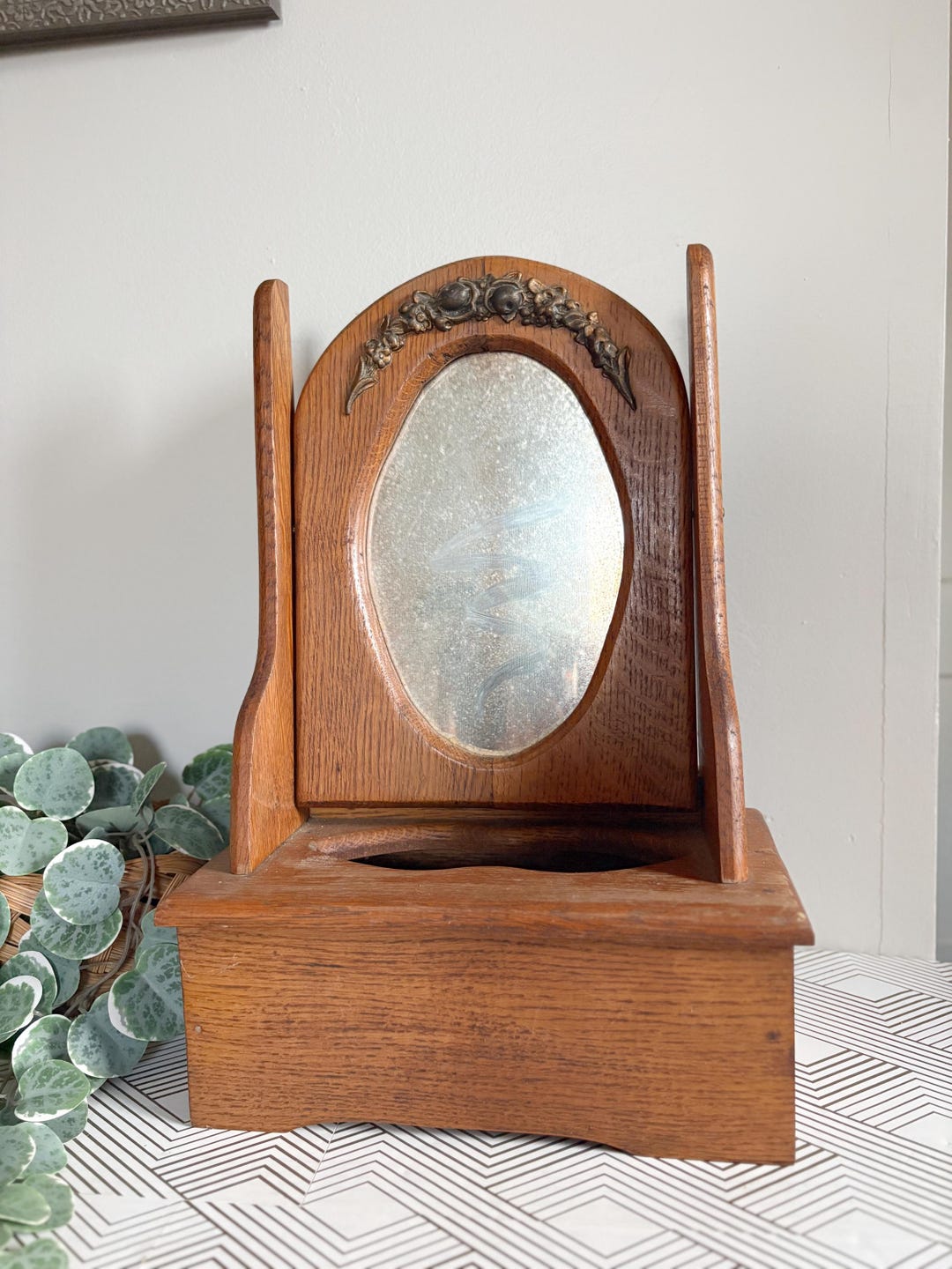 Antique Oak Vanity Mirror & Tissue Box | Swivel Dressing Table - Etsy