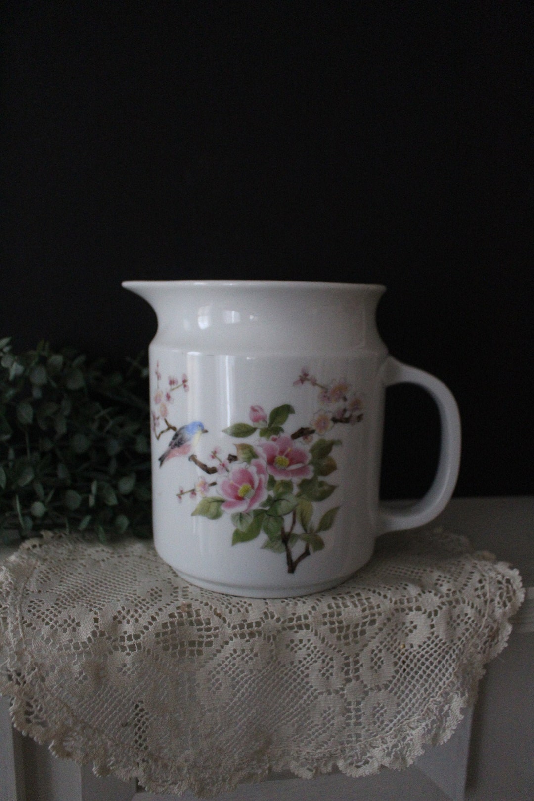 Vintage White Floral Pitcher - Blue Bird on Pink & Green Flower Branch ...
