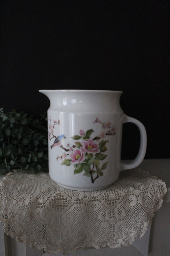 Vintage White Floral Pitcher Blue Bird on Pink & Green | Etsy